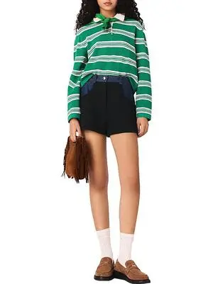 Maje Cropped Striped Polo Top - Green