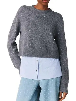 Maje Rhinestone Sweater With Poplin Shirt Detail - Grey