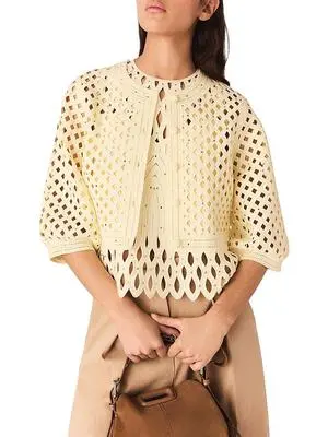 Maje Rhinestone Crochet Cardigan - Pale Yellow