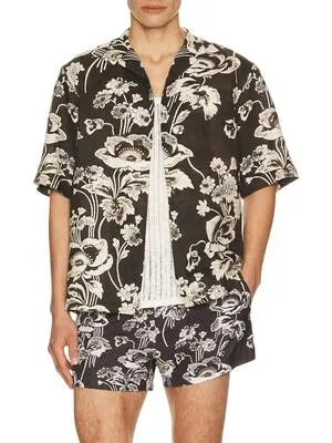 COMMAS Commas Painted Peonies Bowling Shirt In Black