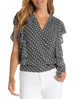 LIVERPOOL Ruffle Dobby Top - Black/white Plaid