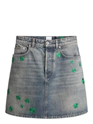 Dior Embroidered Mini Skirt - Blue Stonewashed Cotton Denim With Green Dior Clover Motif