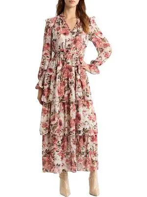 MELLODAY Floral Ruffle Tie Belt Maxi Dress - Ivory Multi