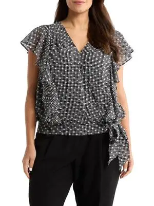 LIVERPOOL Plaid Swiss Dot Flutter Sleeve Ruffle Top - Black/white Plaid