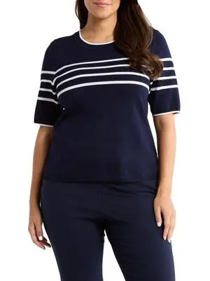 LIVERPOOL Short Sleeve Striped Crewneck Sweater - Navy/white Stripe