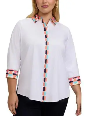 Foxcroft Luna Three-quarter Sleeve Border Print Button-up Shirt - White Multi
