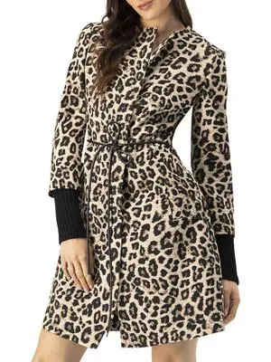 IVONNE Animal Print Long Coat With Ribbed Cuffs - Beige