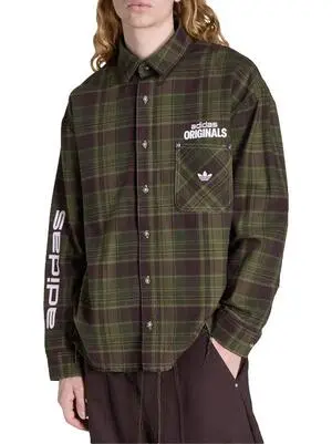 Adidas Duck Graphic Distressed Plaid Cotton Flannel Button-up Shirt - Focus Olive