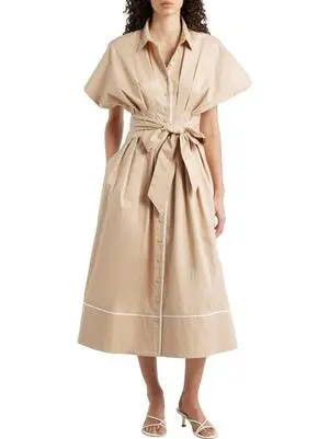 FREEMARKET Tie Waist Midi Shirtdress - Khaki/white
