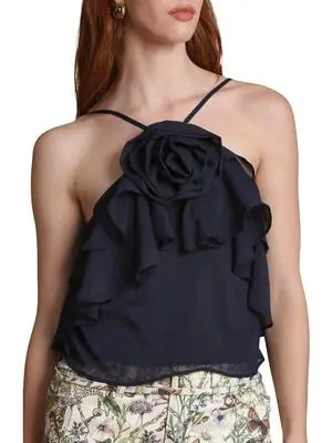 Avec Les Filles Rosette Ruffle Halter Top - Deep Navy