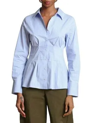 Avec Les Filles Stripe Button-up Top - Blue/white Stripe