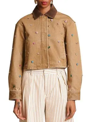 Avec Les Filles Embellished Cropped Barn Jacket - Camel