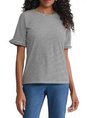 Jones New York Striped Ruffle-cuff T-shirt - Jones Black/natural White