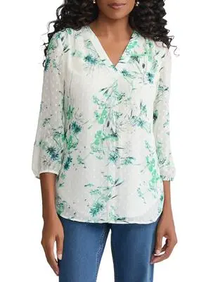 Jones New York Clip Dot Chiffon Floral Top - White Sand Multi