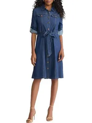 Jones New York Tie Waist Denim Midi Shirtdress - Aries Wash