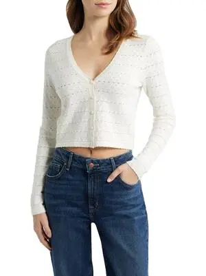 ALL IN FAVOR Pointelle V-neck Crop Cardigan - Ivory