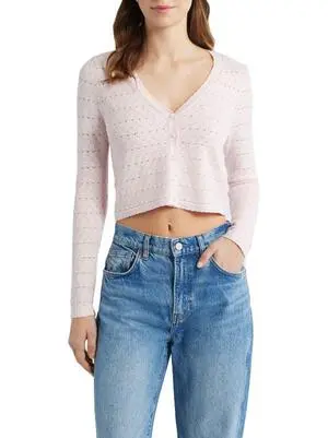 ALL IN FAVOR Pointelle V-neck Crop Cardigan - Light Pink