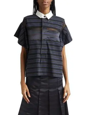 Sacai Striped Cropped Cotton Shirt - Black/navy