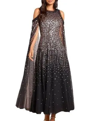 NEEDLE & THREAD Moonlight Sequin Cape Sleeve Gown - Graphite/metallic
