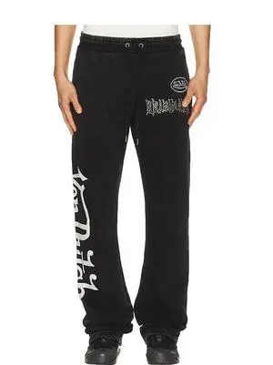VON DUTCH Logo Flared Leg Joggers In Black - Jet Black Bleach Wash
