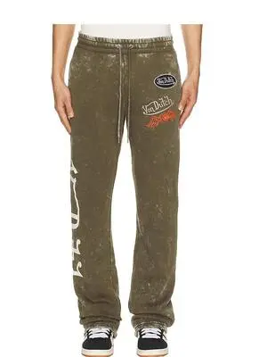 VON DUTCH Stacked Flare Leg Joggers In Green - Olive Night Mineral Wash