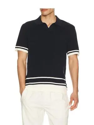Onia Cotton Textured Johnny Collar Polo In Navy - Midnight & Egret
