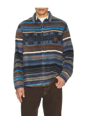 Brixton Bowery Arctic Stretch Fleece Shirt In Slate,brown - Mood Indigo Blanket Stripe
