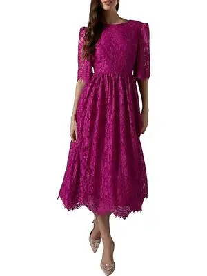 Coast Lace Short Sleeve Midi Dress - Magenta