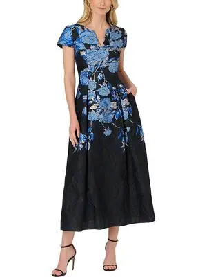 Adrianna Papell Split Neck Jacquard Dress - Blue/black Multi