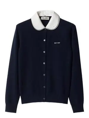 Miu Miu Cashmere Cardigan With Poplin Collar - Navy