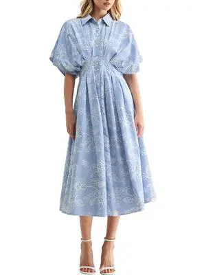 QUINCY MAE Embroidered Stripe Midi Shirtdress - Blue White