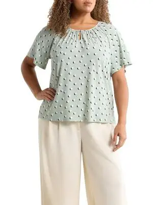 Anne Klein Dot Print Keyhole Peasant Top - Soft Aloe Multi