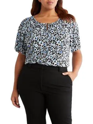 Anne Klein Floral Keyhole Peasant Top - Blue Yonder Multi