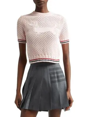 Thom Browne Hector Icon Pointelle Stitch Crop Sweater - Light Pink
