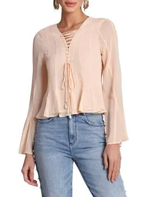Avec Les Filles Lace-up Godet Chiffon Top - Peach
