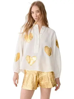 Lanhtropy Cupid Linen Shirt - Off-white With Gold Hearts
