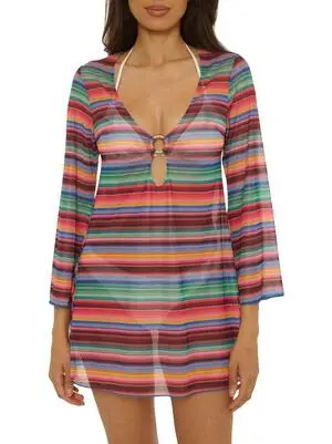 BECCA By Rebecca Virtue Vallarta Long Sleeve Cover-up Tunic - Red Multi Stripe