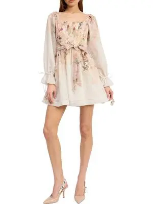 EN SAISON Floral Print Tie Waist Chiffon Mini Dress - Ivory Blush Orchid