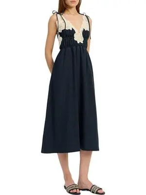 EN SAISON Natalia Lace-trim Shirred Midi Dress - Vintage Indigo