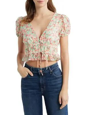 ALL IN FAVOR Floral Tie-front Crop Top - Cream Pink