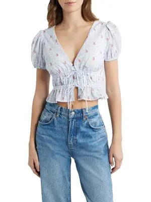 ALL IN FAVOR Gingham Strawberry Tie-front Crop Top - Blue Gingham