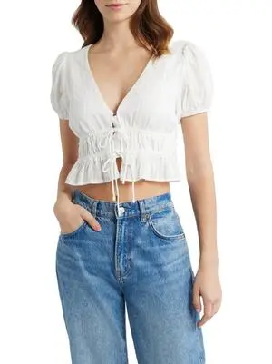 ALL IN FAVOR Smocked Tie Front Crop Top - White