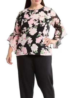 KASPER Floral Print Ruffle Sleeve Top - Black Multi