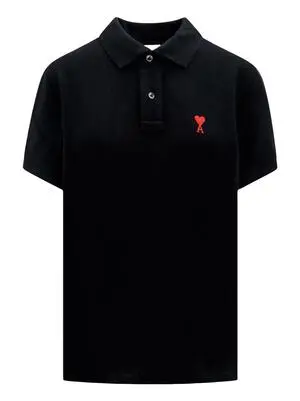 Ami Cotton Polo Shirt With Iconic Embroidery - Black