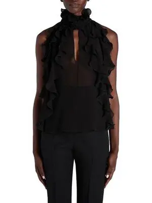 Alexander McQueen High Neck Ruffle Silk Georgette Top - Black