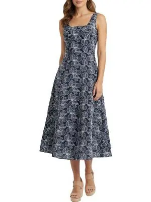 QUINCY MAE Floral Embroidered Denim Fit & Flare Dress - Dark Denim