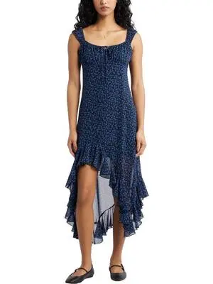 Bp. Bias Cut Chiffon Asymmetric Hem Dress - Black - Blue Alix Ditsy