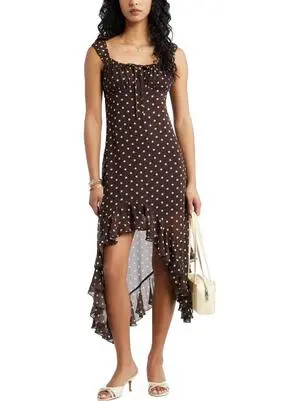 Bp. Bias Cut Chiffon Asymmetric Hem Dress - Brown Charlotte Polka Dot