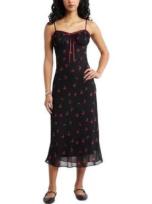 Bp. Tie-front Chiffon Midi Dress - Black- Red Emily Cherries