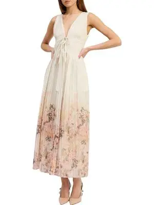 EN SAISON Pleated Tie Front Maxi Dress - Ivory Blush Orchid